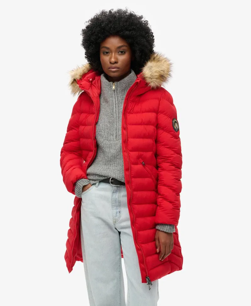 Superdry Ladies W5011789A-32I faux fur mid length fuji jacket Red